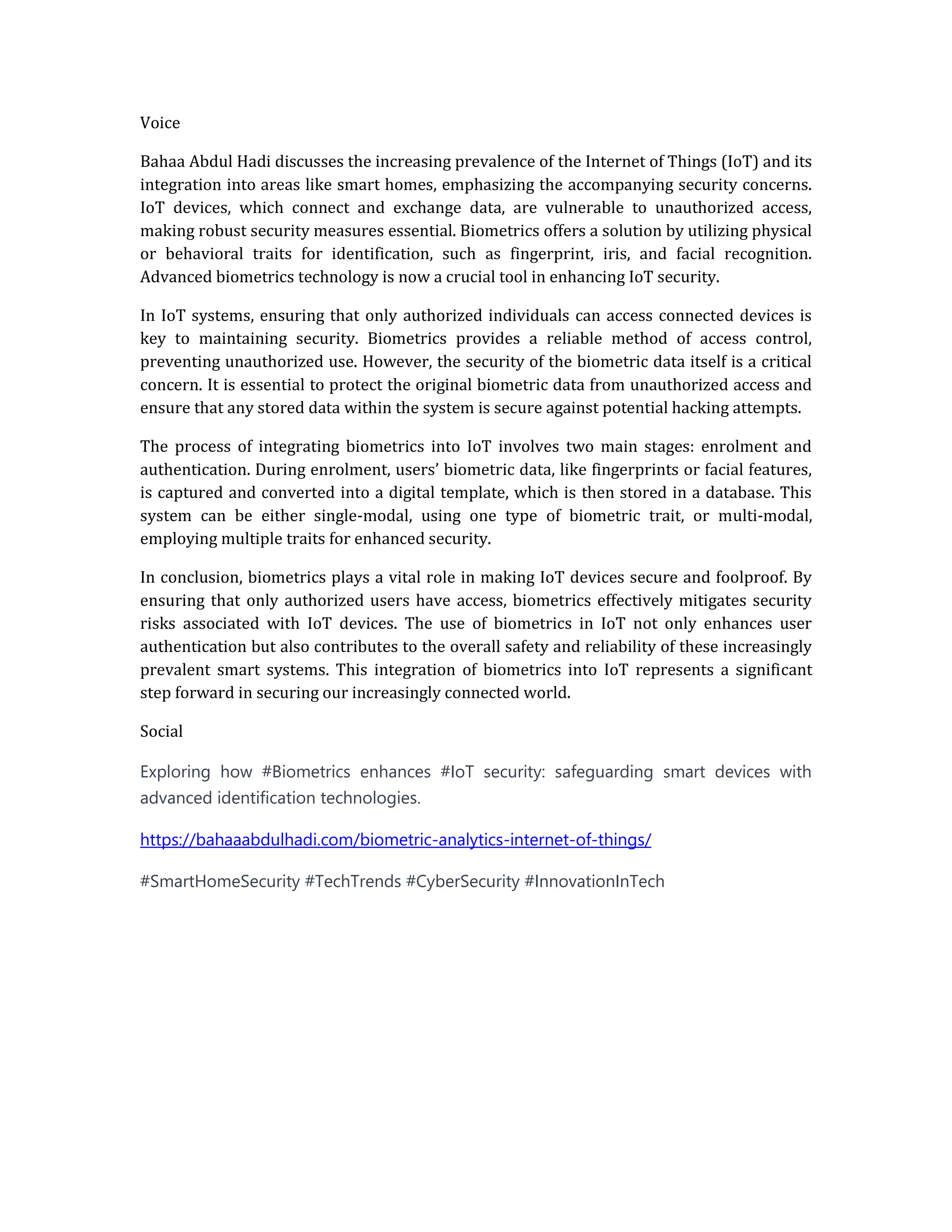 Biometric Analytics & Internet of Things | DOCX