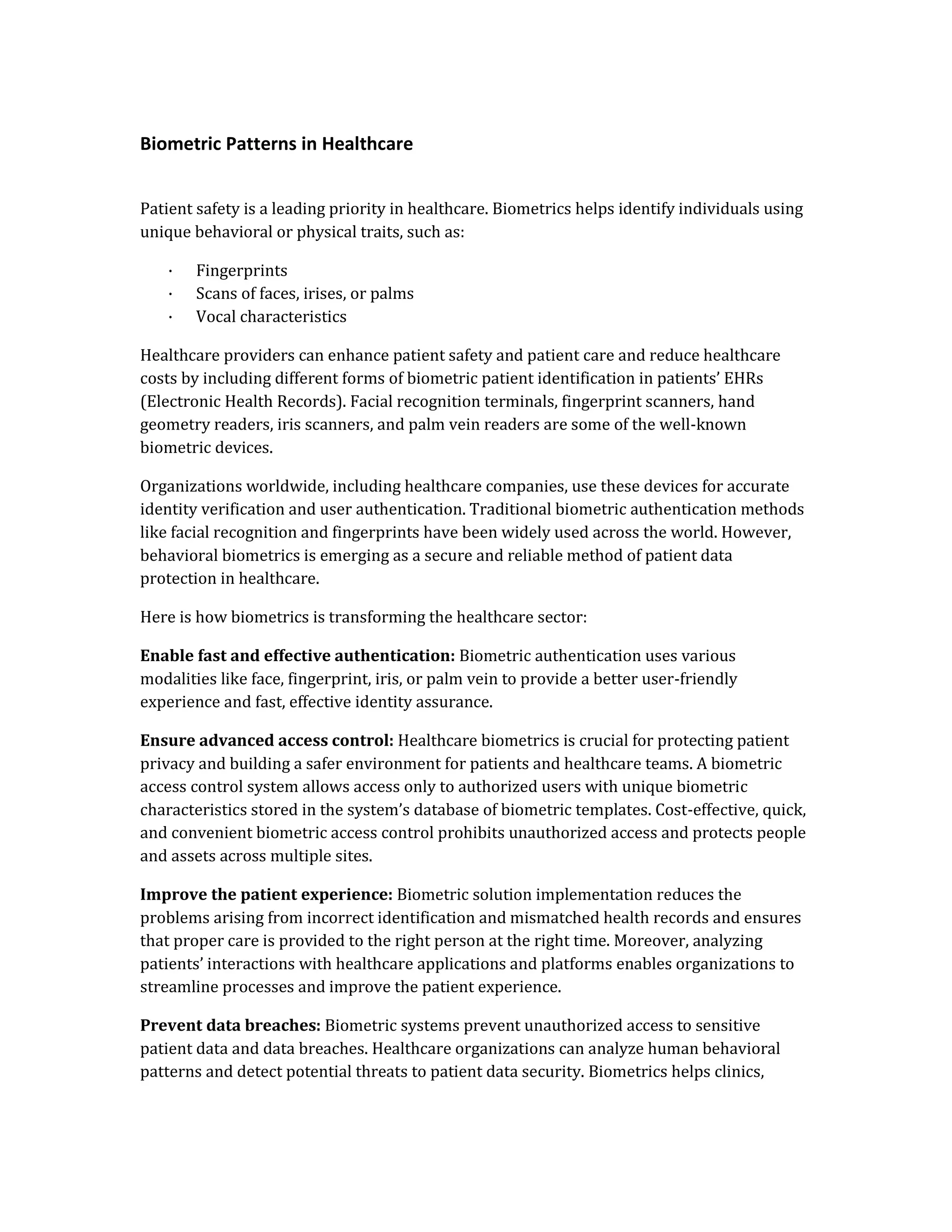 Biometric Patterns in Healthcare | PDF