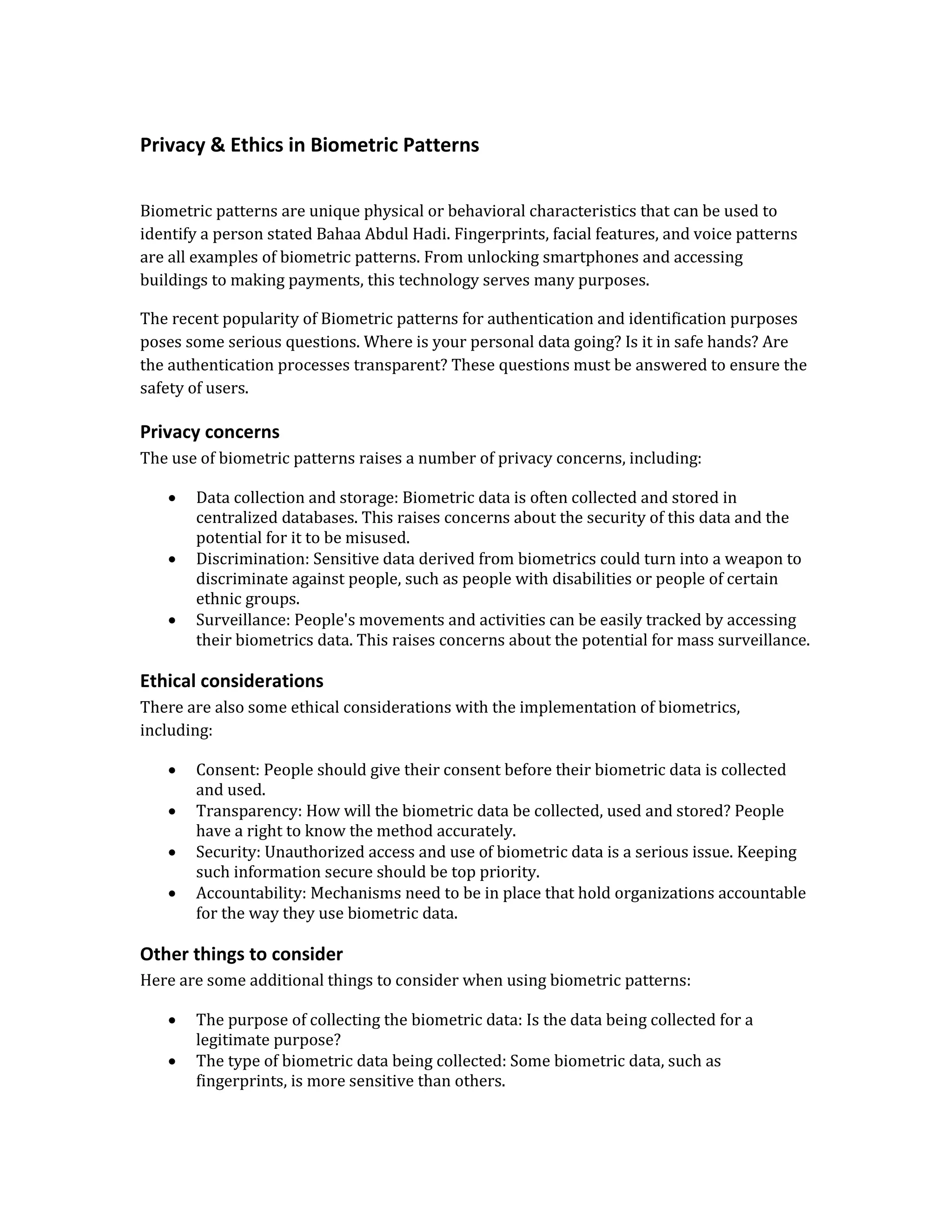 Privacy & Ethics in Biometric Patterns | PDF