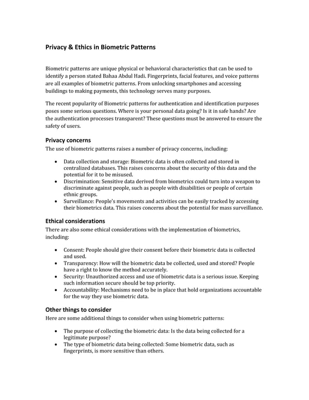 Privacy & Ethics in Biometric Patterns | PDF