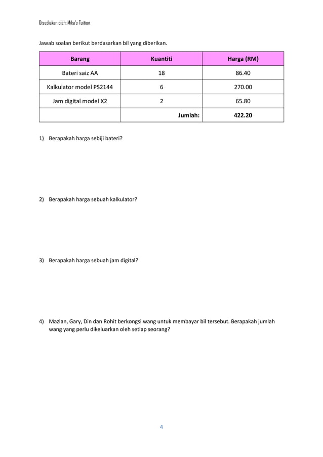 Matematik tahun 4 - Bahagi | PDF