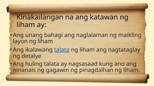 BAHAGI NG LIHAM AT HALIMBAWA NG MGA BAHAGI NITO.pptx