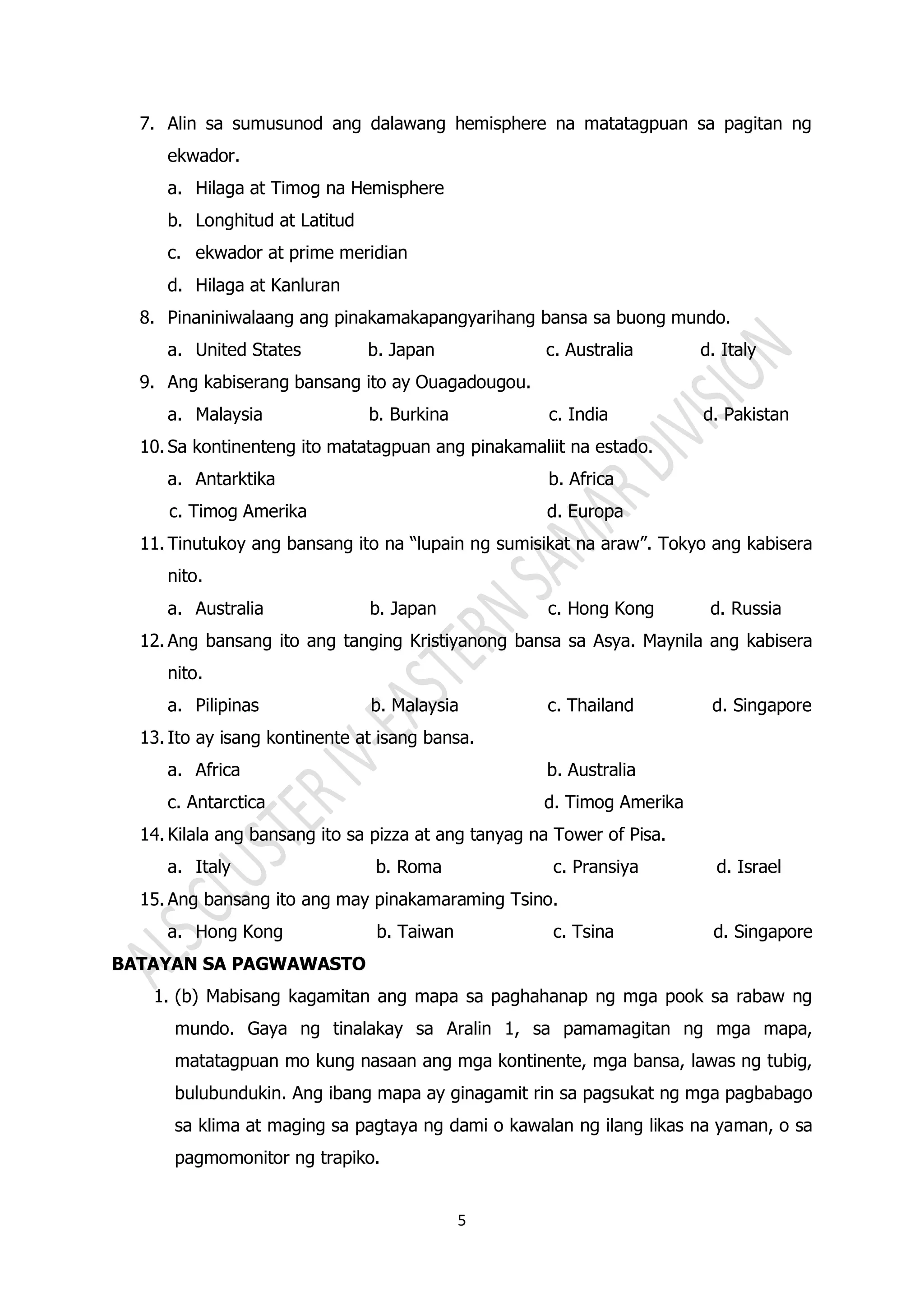PRACTICE TEST IN BAHAGI V-PAGPAPALAWAK NG PANANAW | PDF