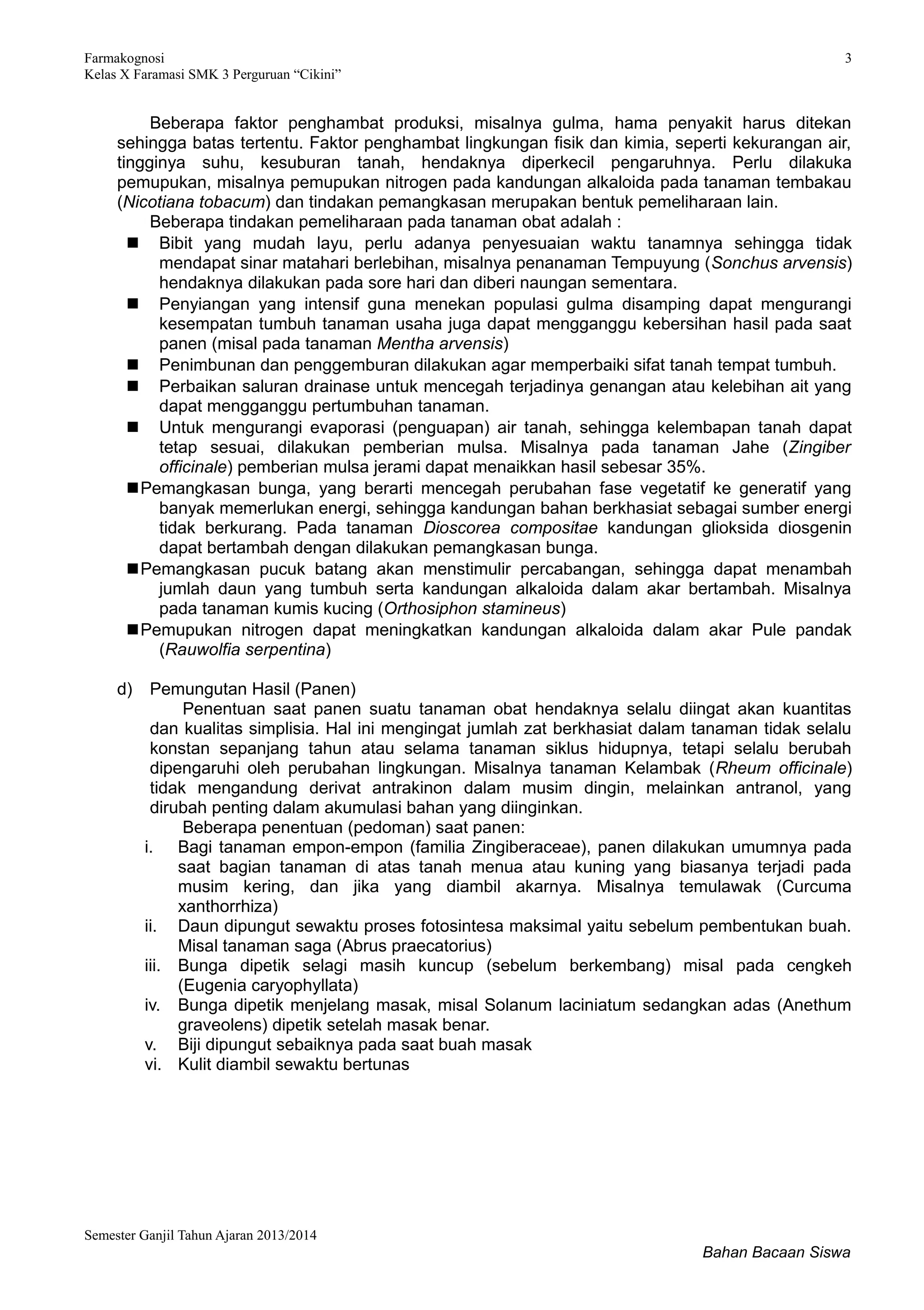 Bahan Ajar/ Modul Pembuatan Simplisia dari Tanaman Obat | DOC