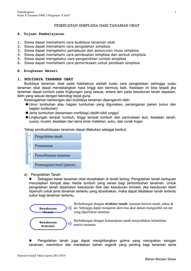 Bahan Ajar/ Modul Pembuatan Simplisia dari Tanaman Obat | DOC