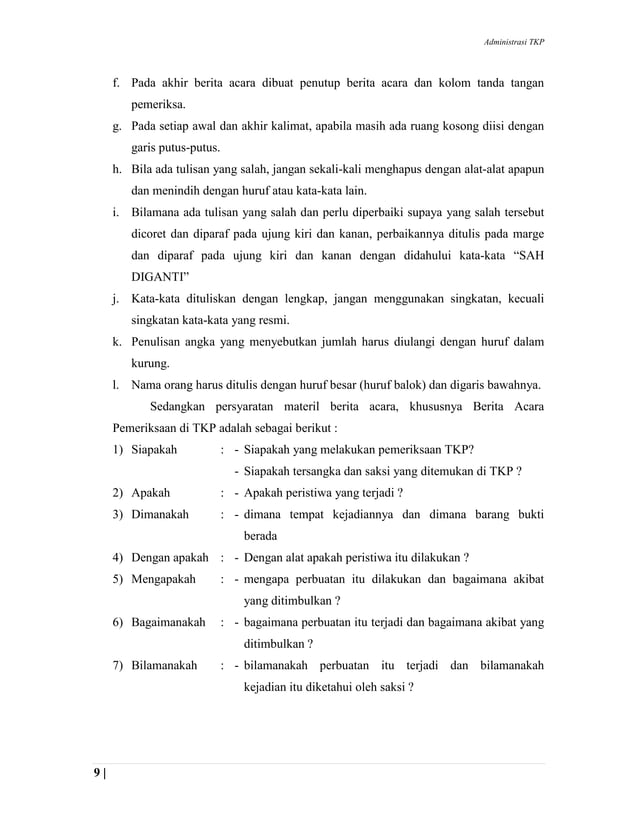 Bahan ajar administrasi tempat kejadian perkara (TKP) | PDF