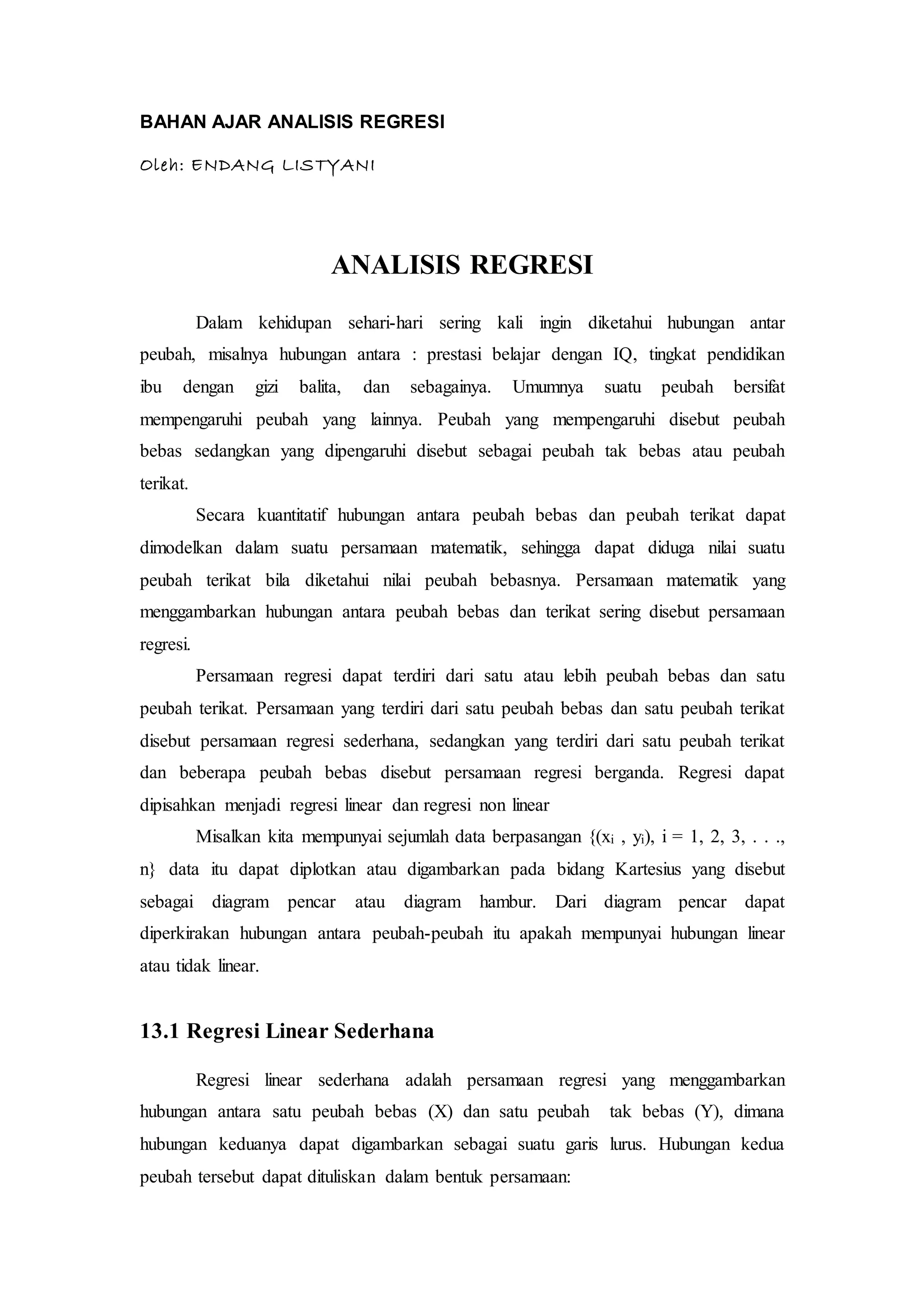 Bahan ajar analisis regresi | PDF