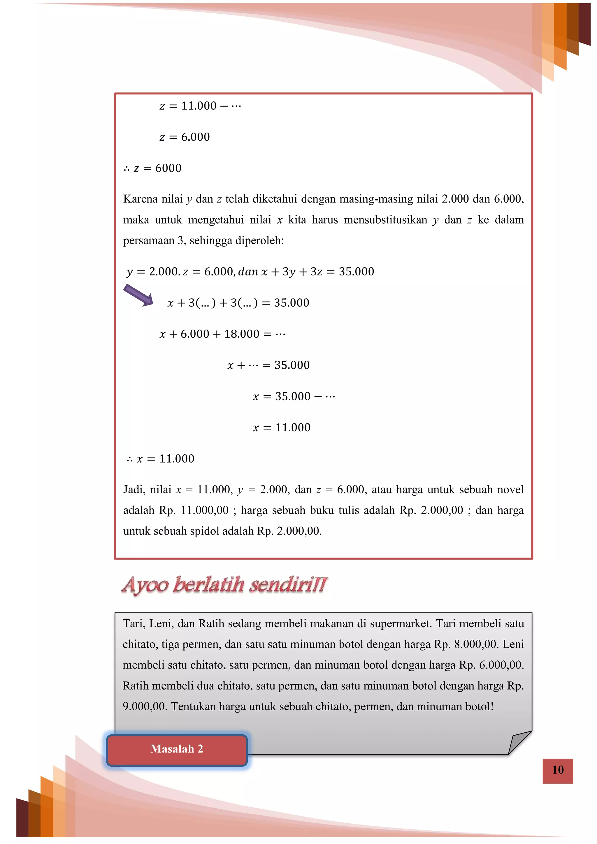 Bahan ajar materi spltv kelas x semester 1 | PDF