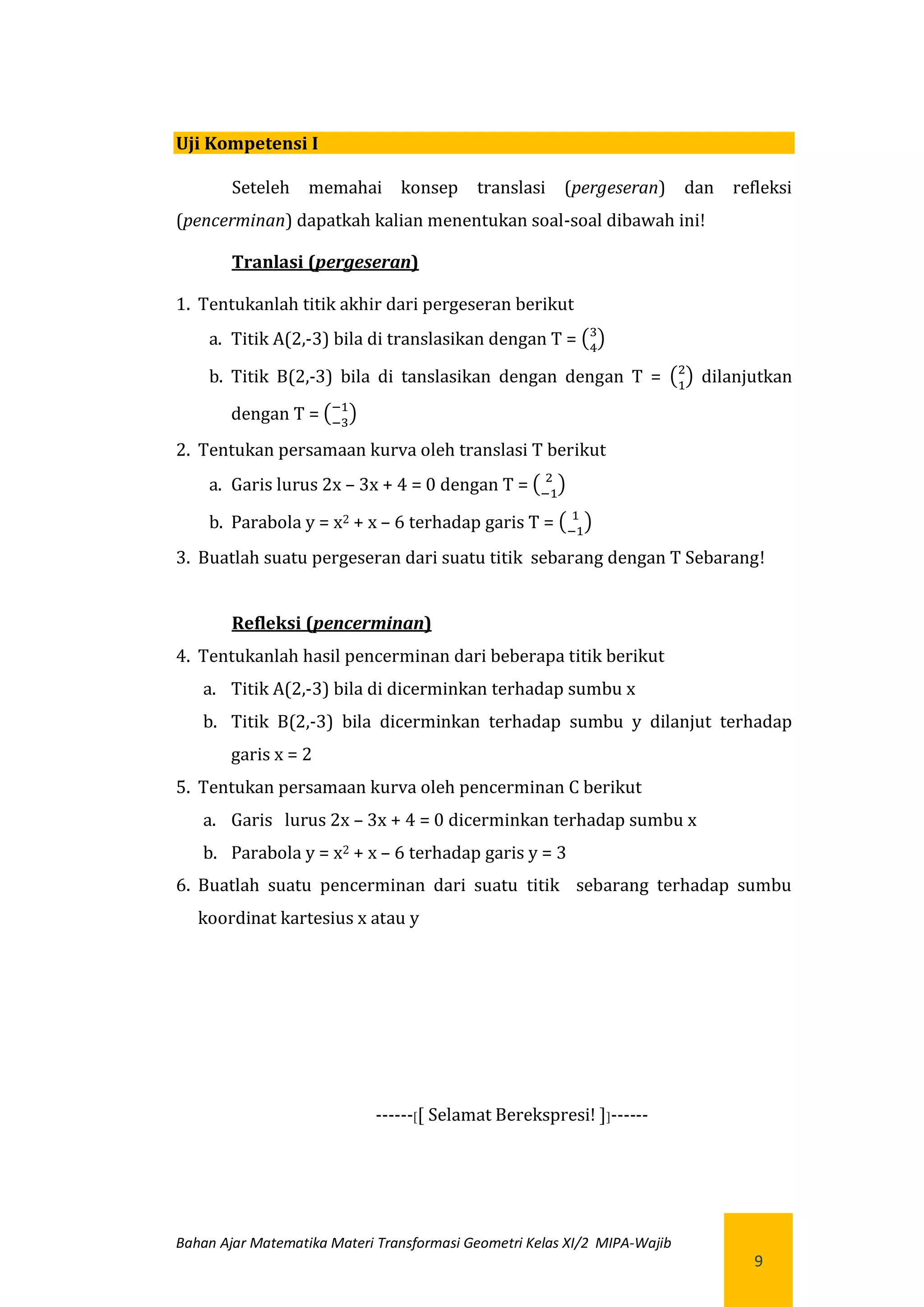BAHAN AJAR MATERI TRANSFORMASI GEOMETRI KELAS XI | PDF