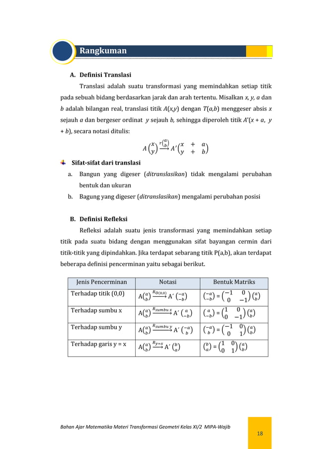 BAHAN AJAR MATERI TRANSFORMASI GEOMETRI KELAS XI | PDF