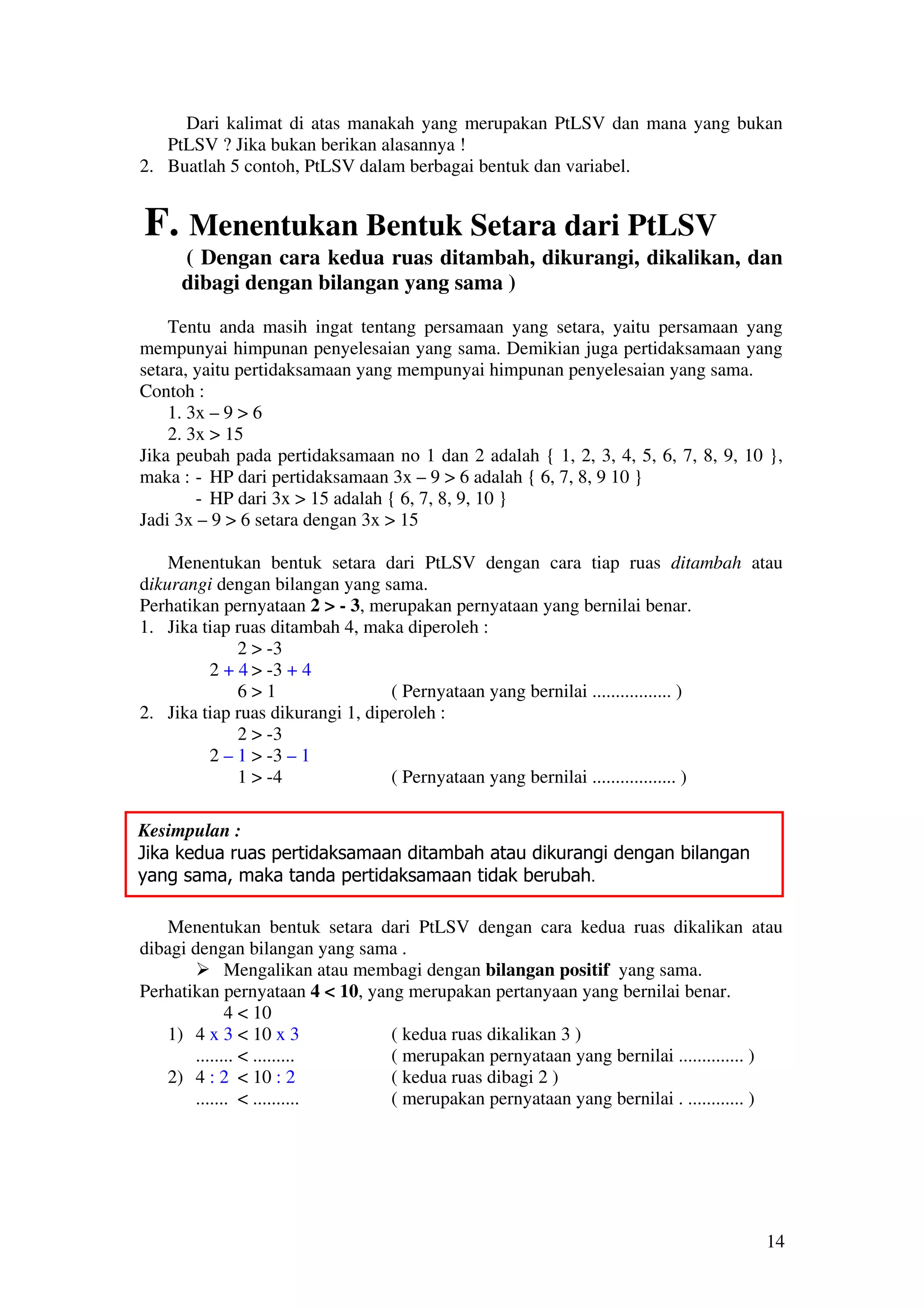 Bahan ajar persamaan dan pertidaksamaan linear satu variabel | PDF