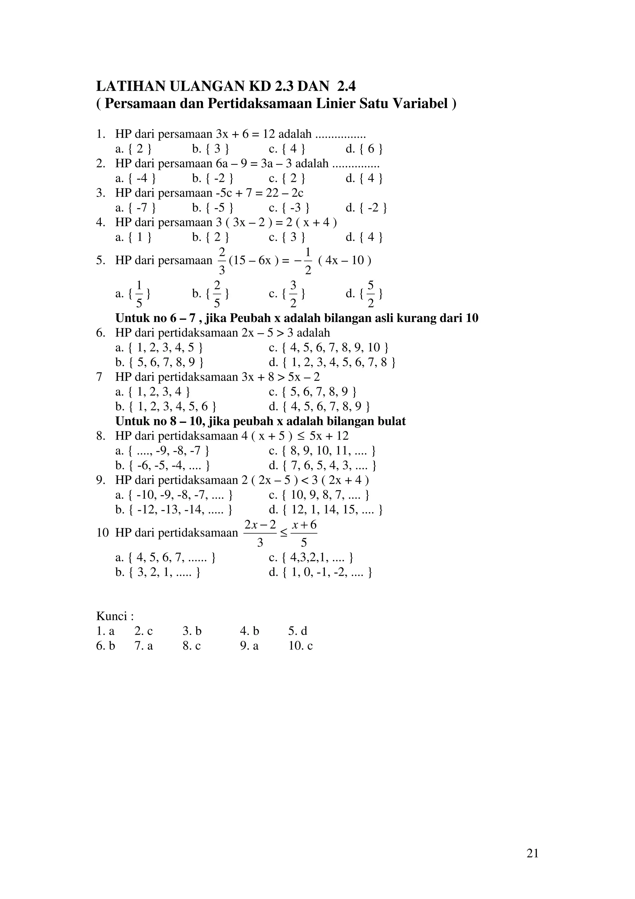 Bahan ajar persamaan dan pertidaksamaan linear satu variabel | PDF