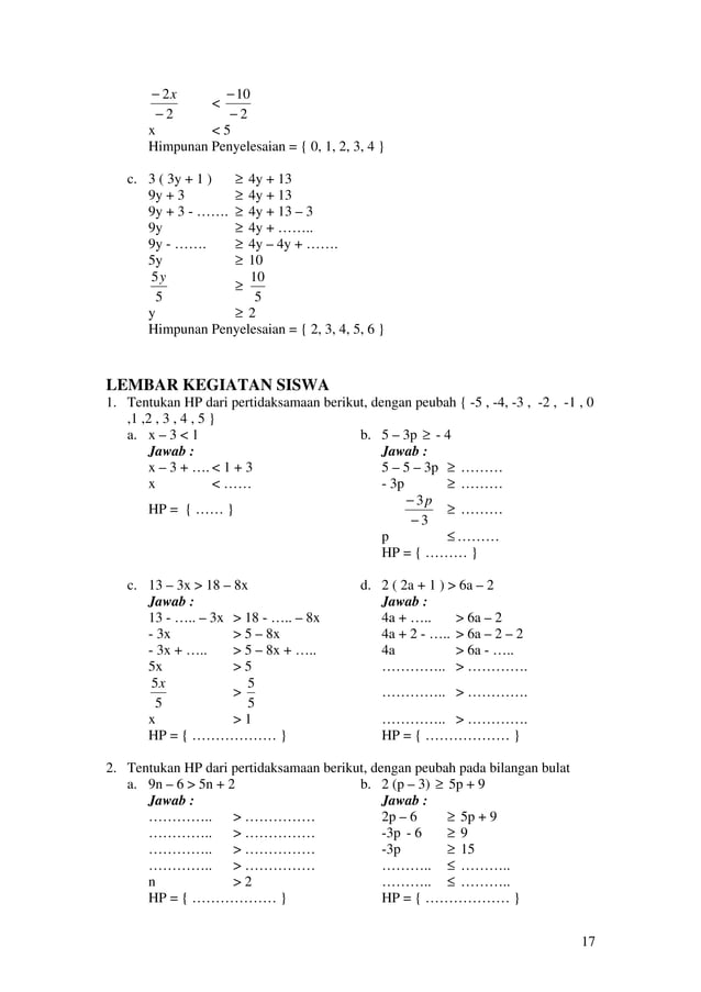 Bahan ajar persamaan dan pertidaksamaan linear satu variabel | PDF
