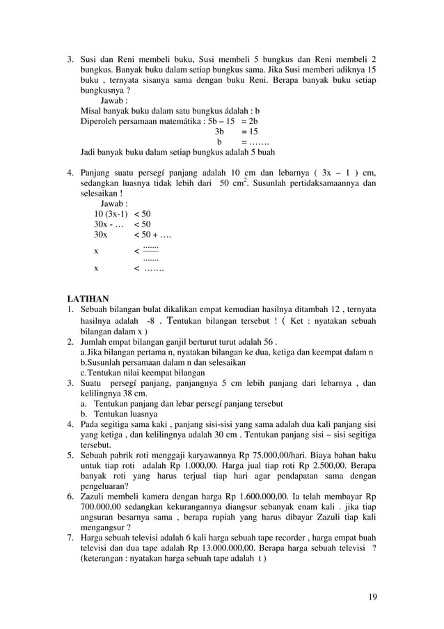 Bahan ajar persamaan dan pertidaksamaan linear satu variabel | PDF