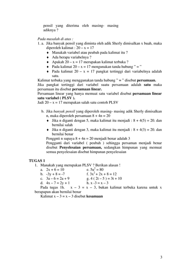 Bahan ajar persamaan dan pertidaksamaan linear satu variabel | PDF