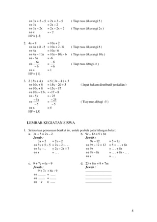 Bahan ajar persamaan dan pertidaksamaan linear satu variabel | PDF