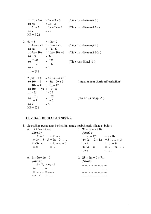 Bahan ajar persamaan dan pertidaksamaan linear satu variabel | PDF