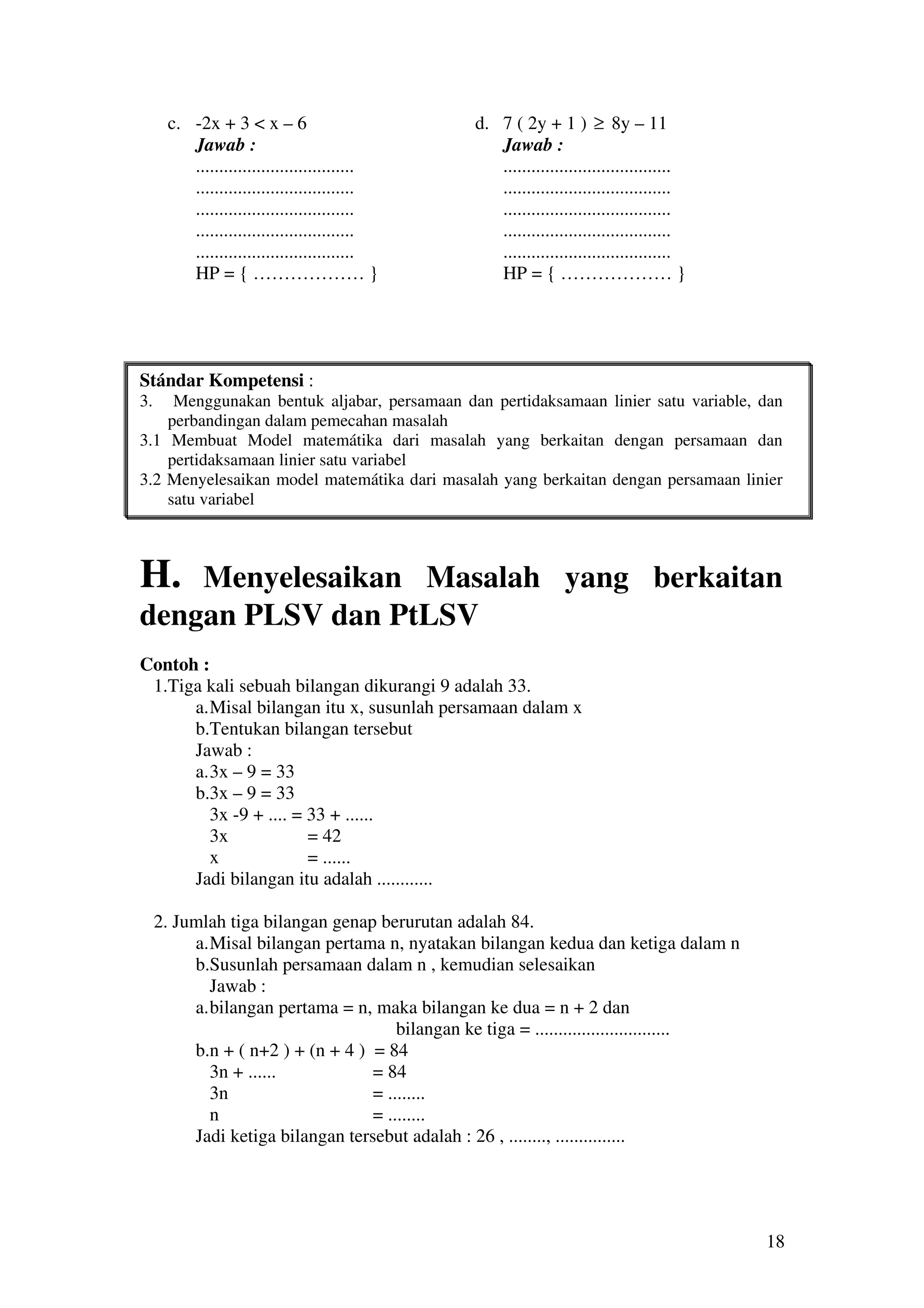 Bahan ajar persamaan dan pertidaksamaan linear satu variabel | PDF
