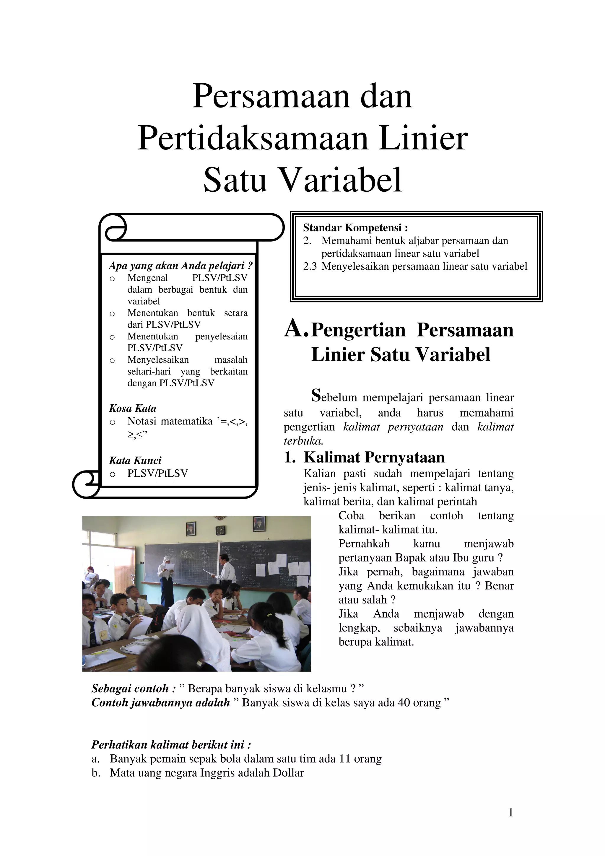 Bahan ajar persamaan dan pertidaksamaan linear satu variabel | PDF