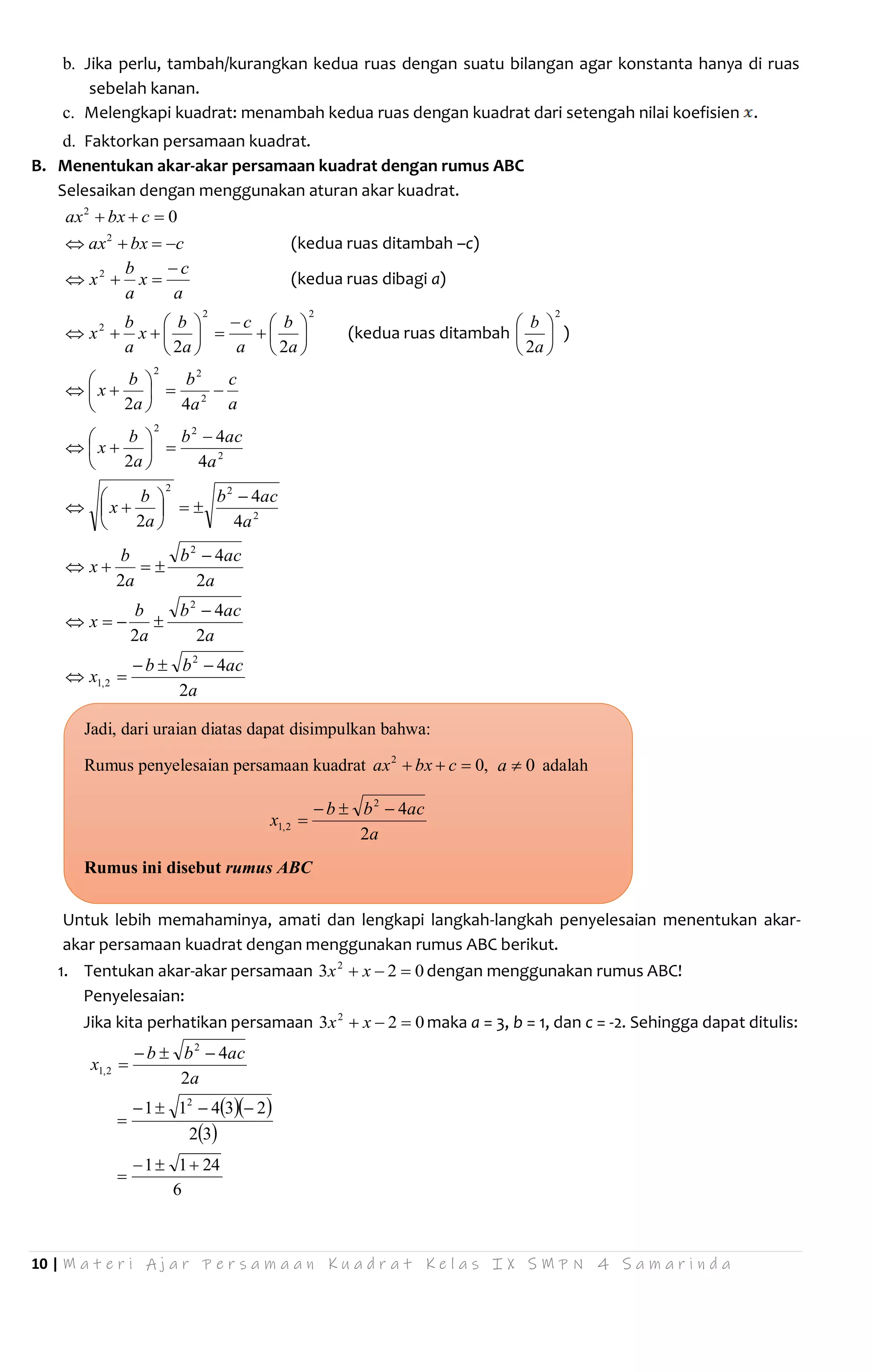 Persamaan Kuadrat Kelas 9 | PDF