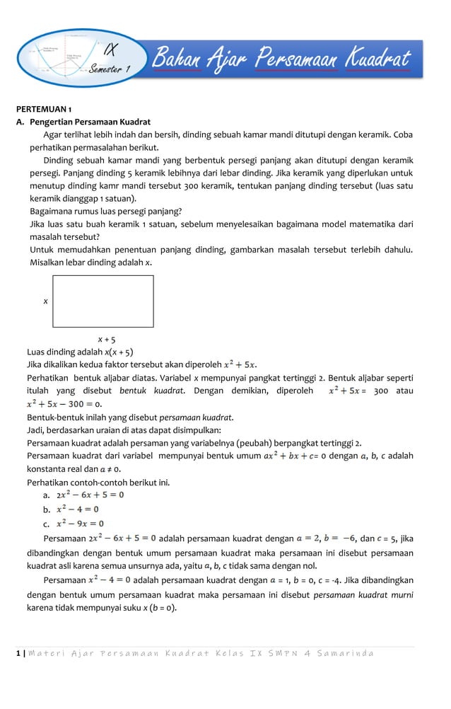 Persamaan Kuadrat Kelas 9 | PDF