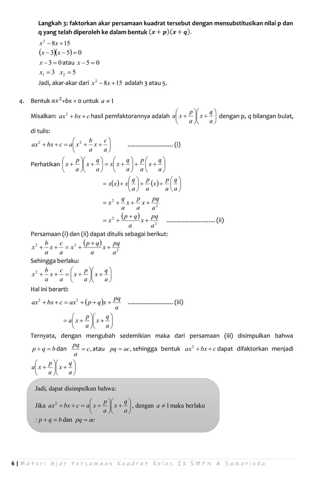 Persamaan Kuadrat Kelas 9 | PDF