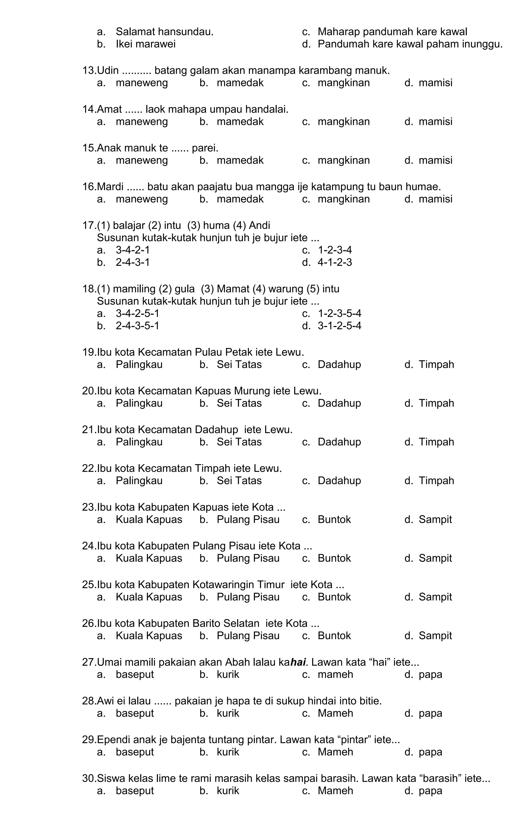Soal Bahasa Dayak Ngaju Kelas 5 sd | DOCX