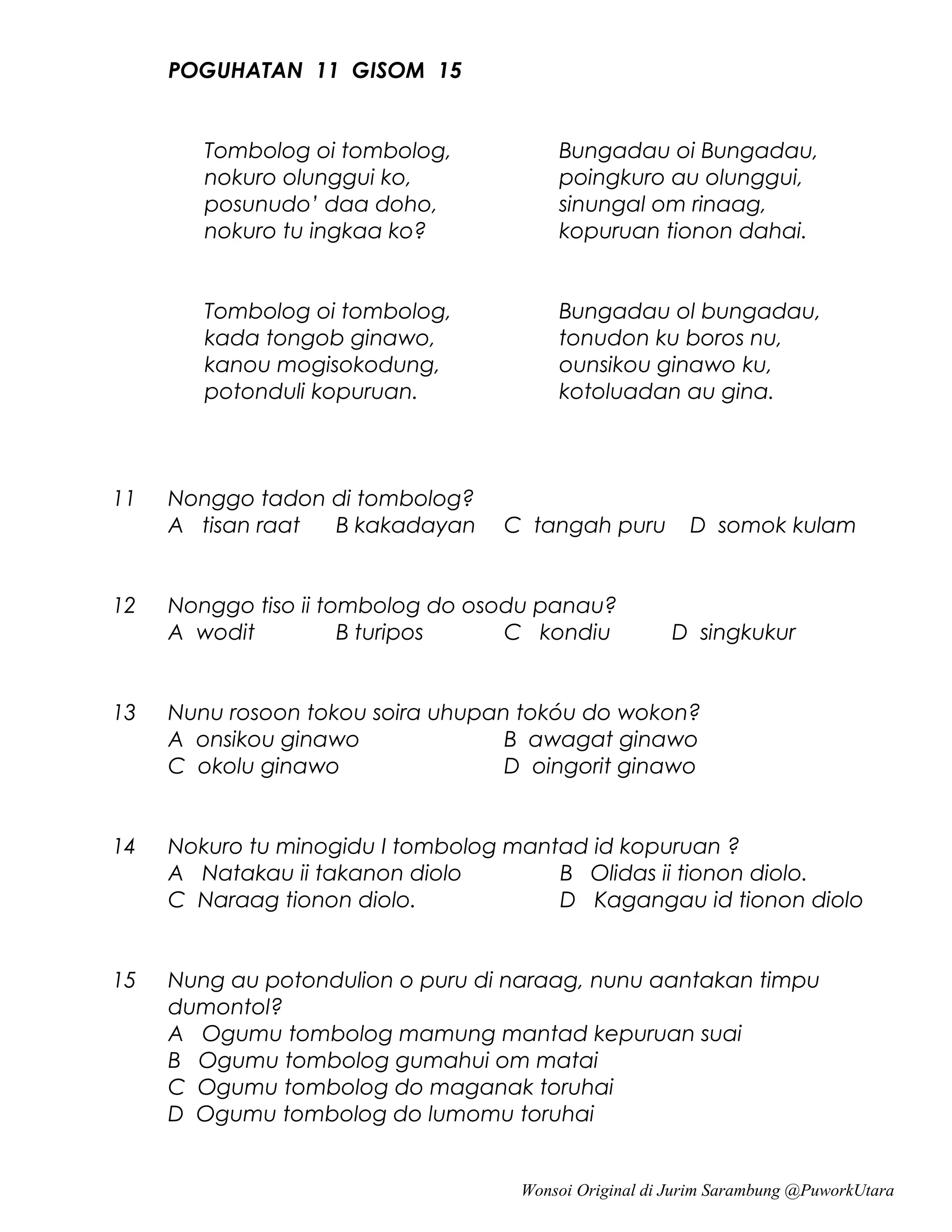 Bahasa KadazanDusun Tahun 6 - Ujian Akhir Tahun (PuworkUtara) | DOC