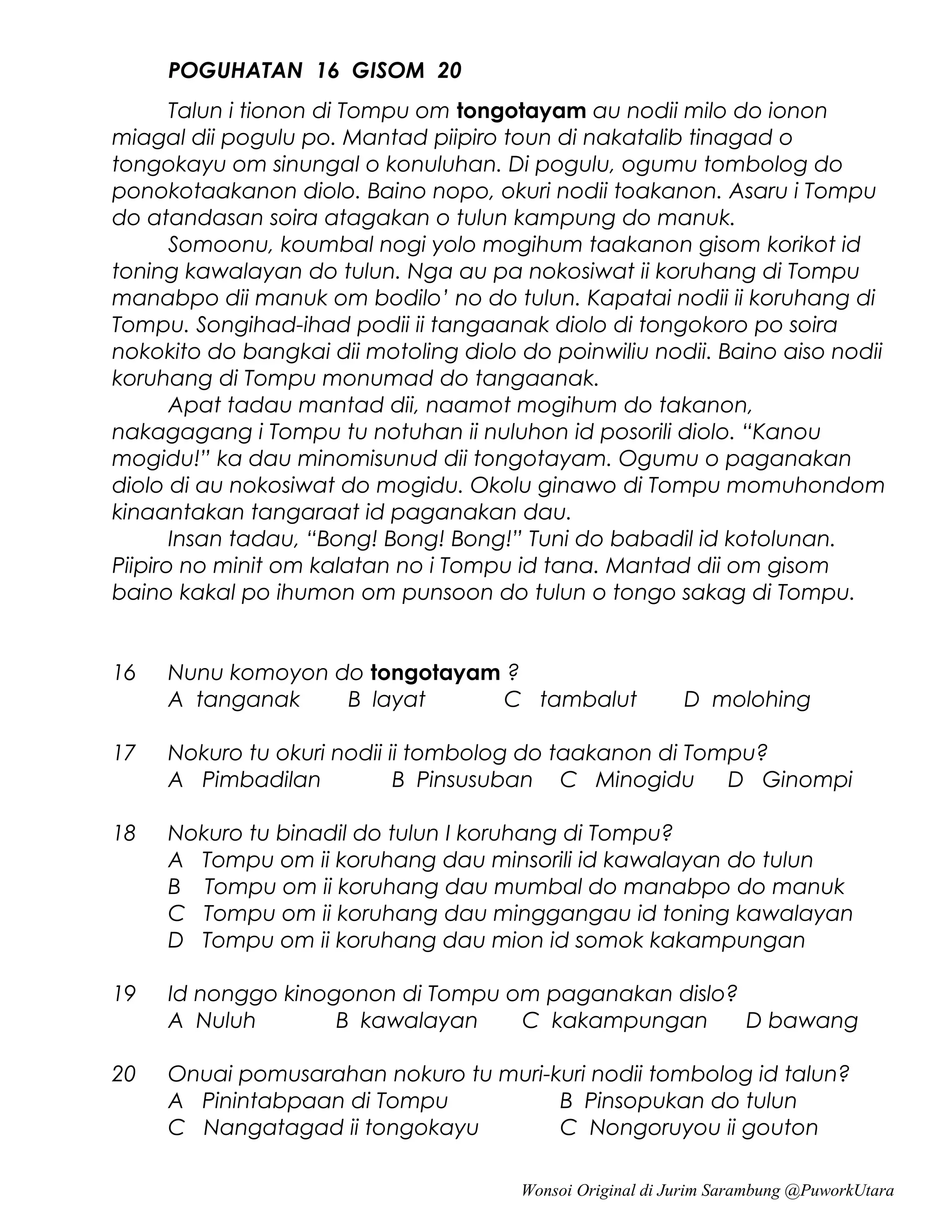 Bahasa KadazanDusun Tahun 6 - Ujian Akhir Tahun (PuworkUtara) | DOC