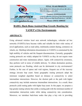 Bahg back bone-assisted hop greedy routing for vanet’s city environments | PDF