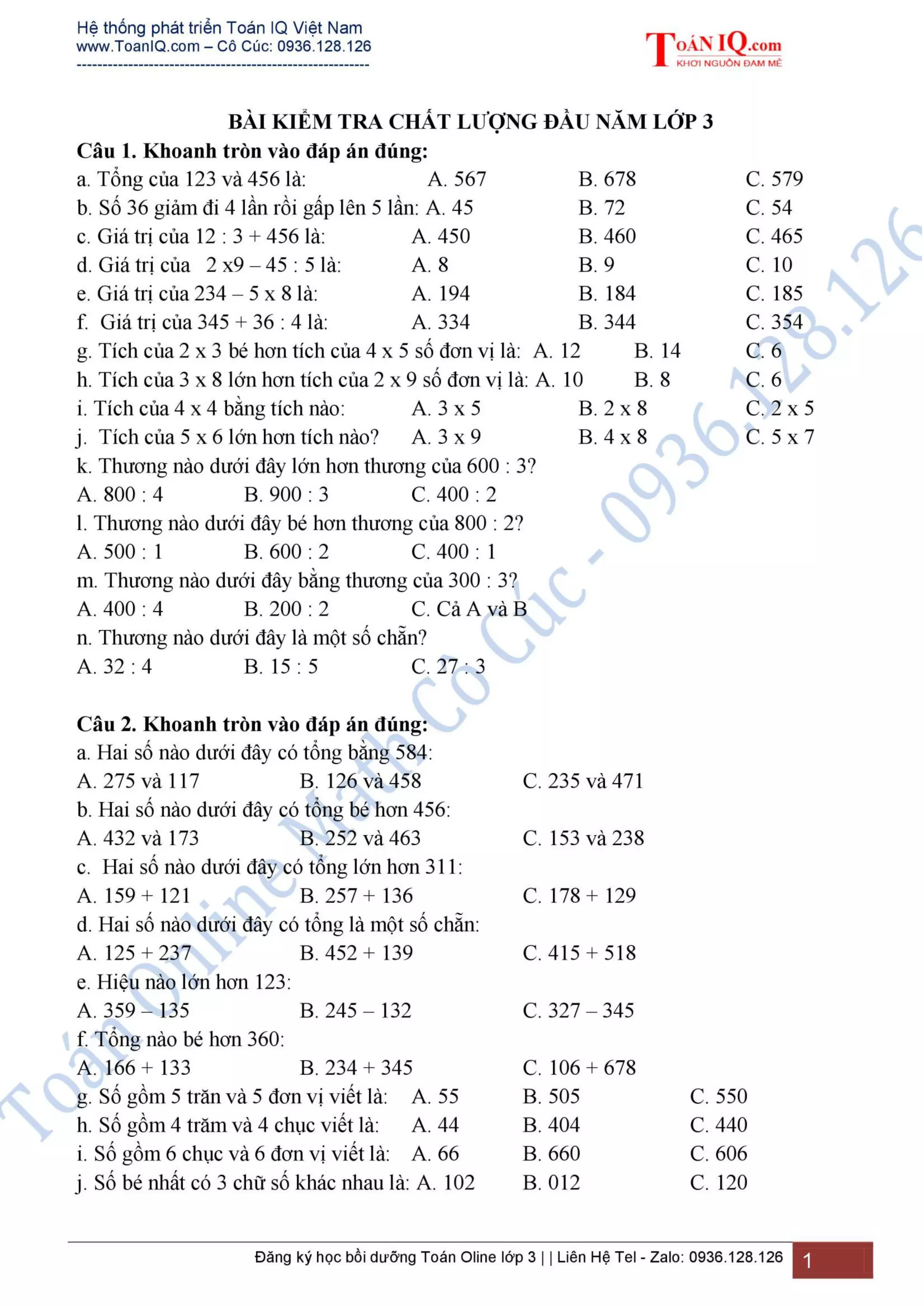 bai-kiem-tra-chat-luong-dau-nam-toan-lop-3 | PDF