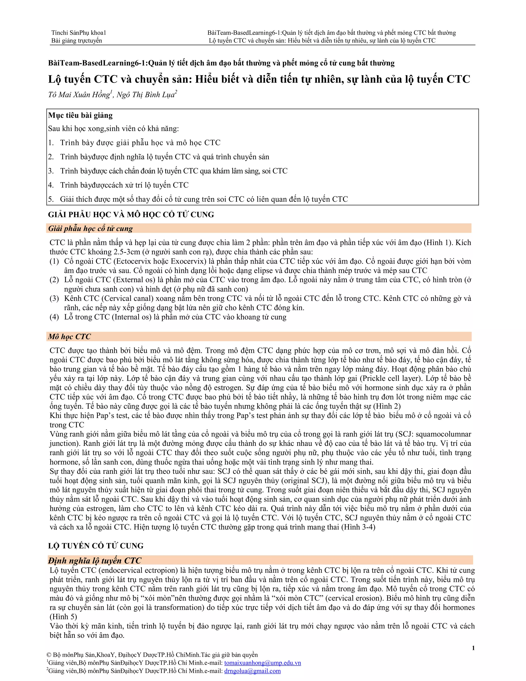 LỘ TUYẾN CTC VÀ CHUYỂN SẢN: HIỂU BIẾT VÀ DIỄN TIẾN TỰ NHIÊN, SỰ LÀNH CỦA LỘ TUYẾN CTC | PDF