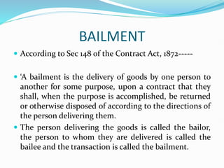 BAILMENT & PLEDGE business law notes.pptx | Law