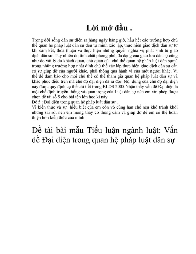 BÀI MẪU Tiểu luận luật: Vấn đề Đại diện trong quan hệ pháp luật dân sự | DOC