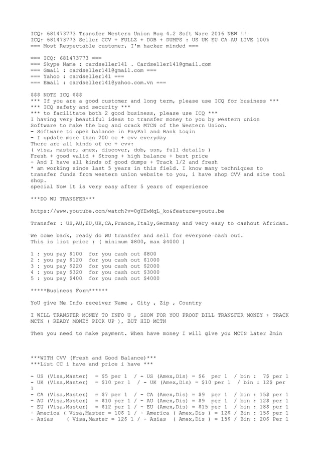 Transfer Western Union BUG 4.2 SOFTWARE 2016 + Seller CCV , FULLZ , DOB ...