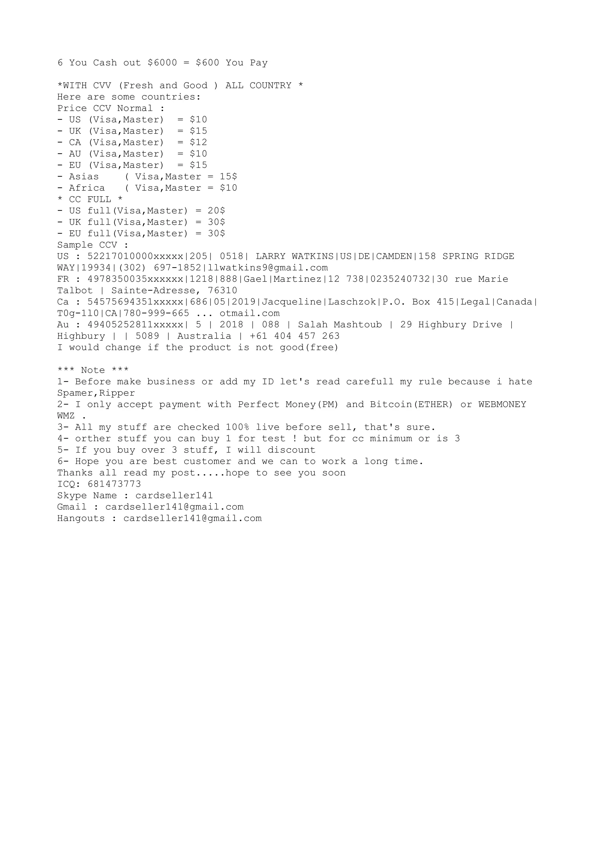 Sell Credit Card ALL COUNTRY/FULLZ US-UK FRESH AND Live | TXT