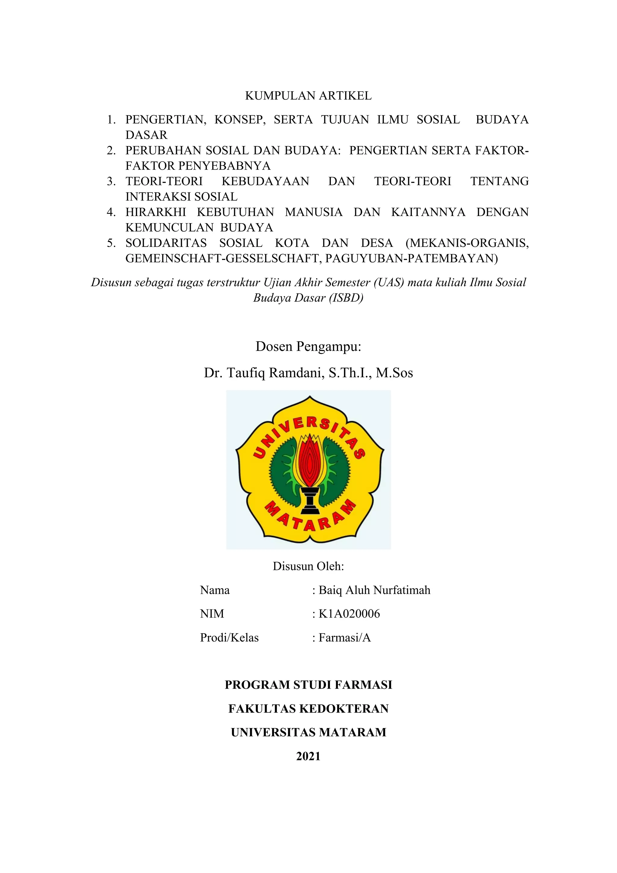 Baiq aluh nurfatimah, isbd, farmasi, dr. taufiq ramdani, s.th.i., m.sos