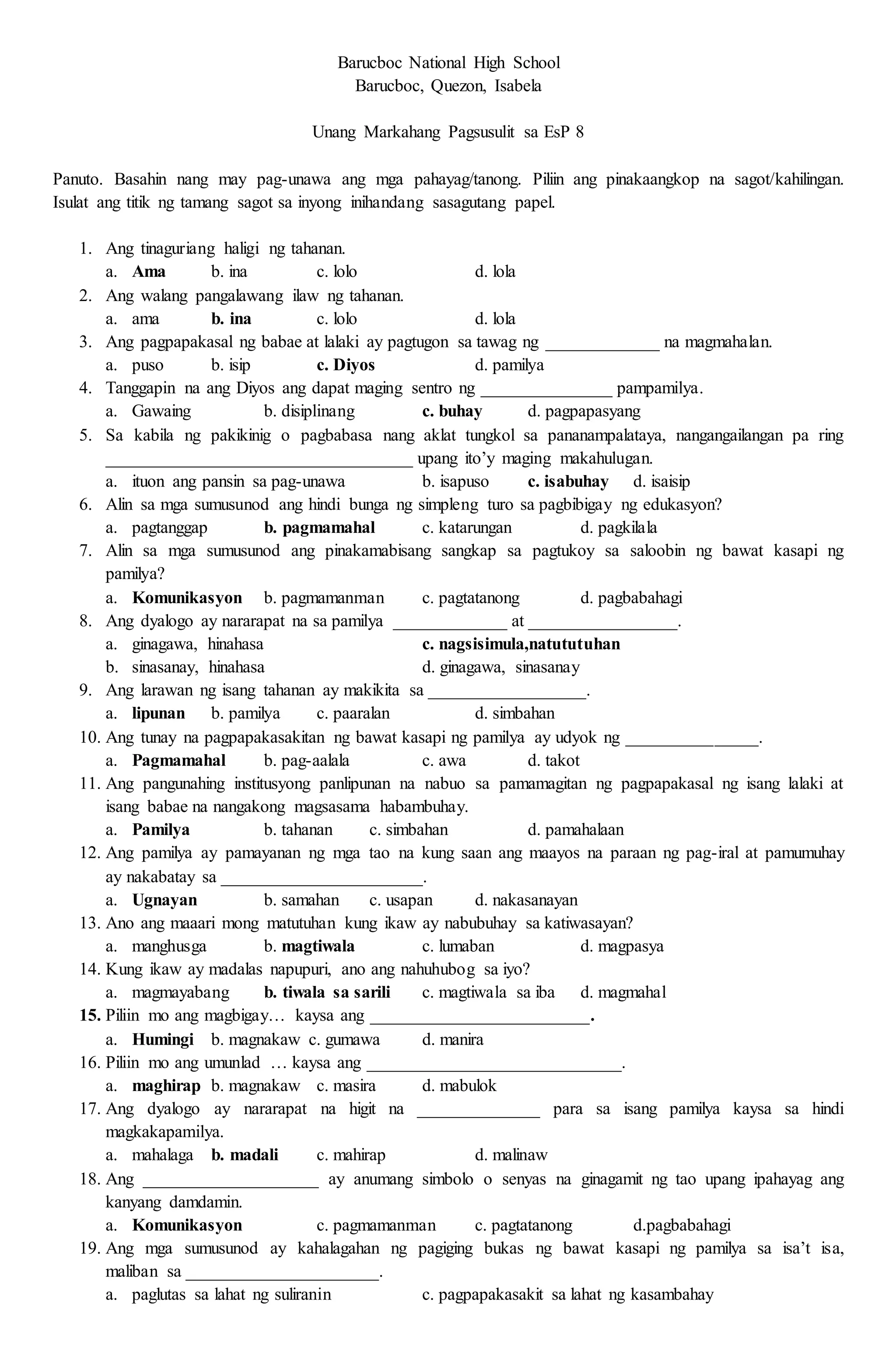 Unang Markahang Pagsusulit sa EsP Baitang walo w/ TOS | DOCX