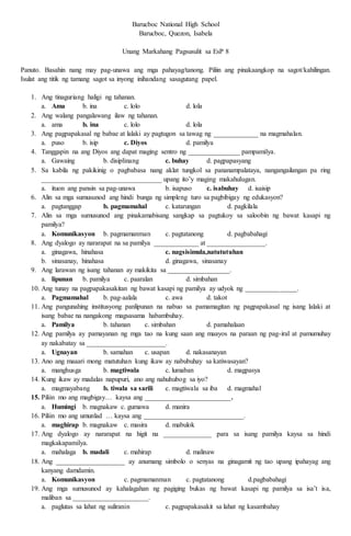 Unang Markahang Pagsusulit sa EsP Baitang walo w/ TOS | DOCX