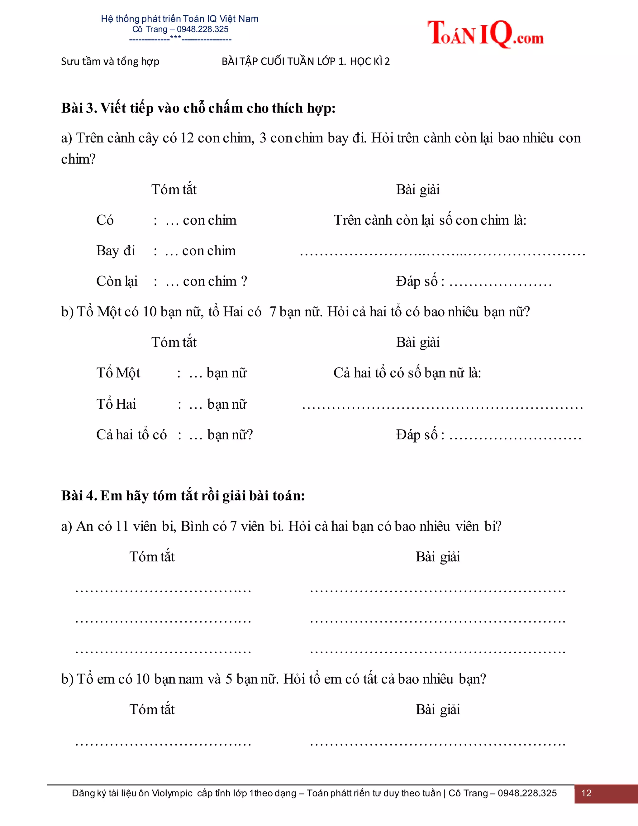 BÀI TẬP CUỐI TUẦN LỚP 1 HK2 | DOCX