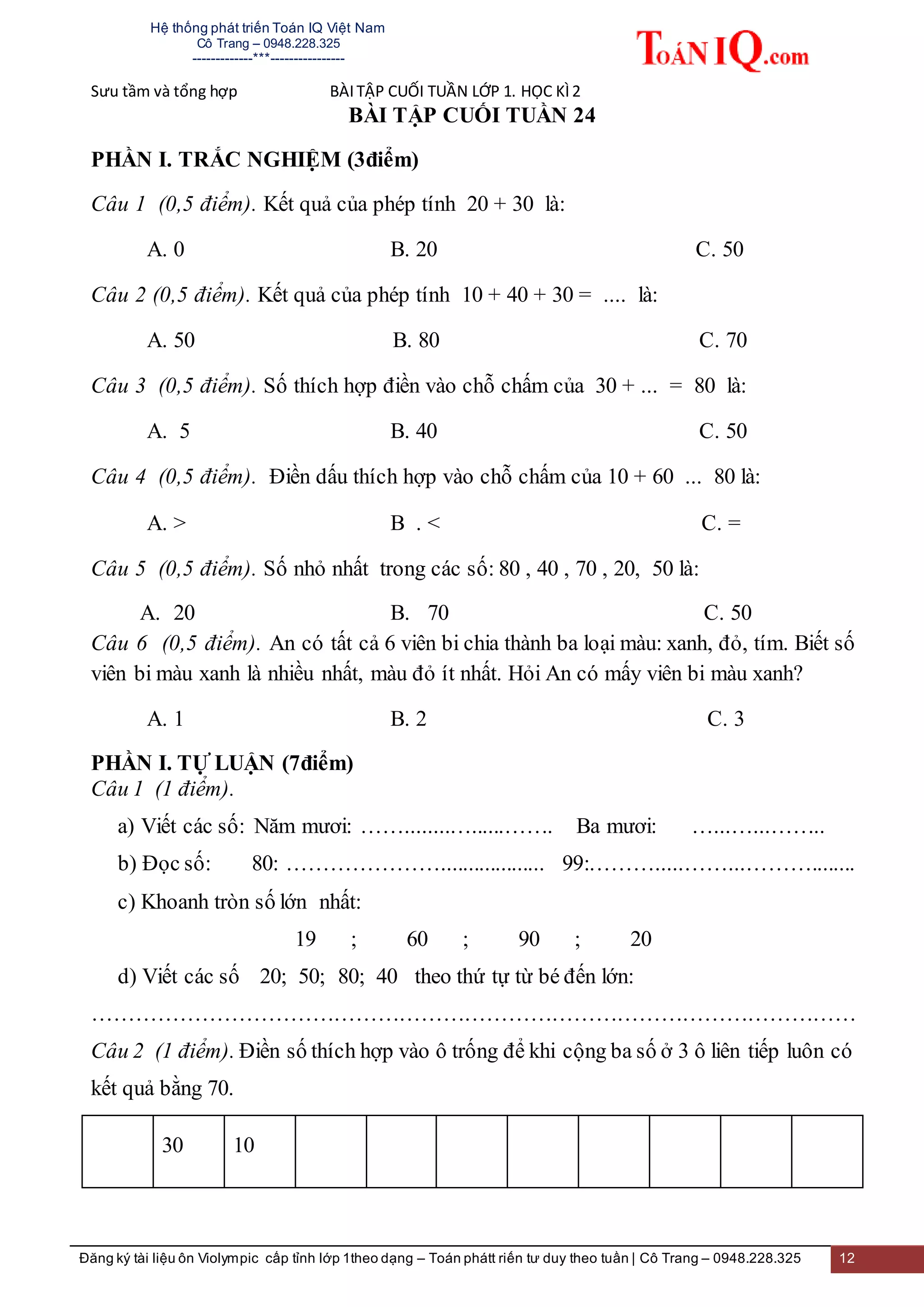 BÀI TẬP CUỐI TUẦN LỚP 1 - HK2 - MÔN TOÁN | DOC