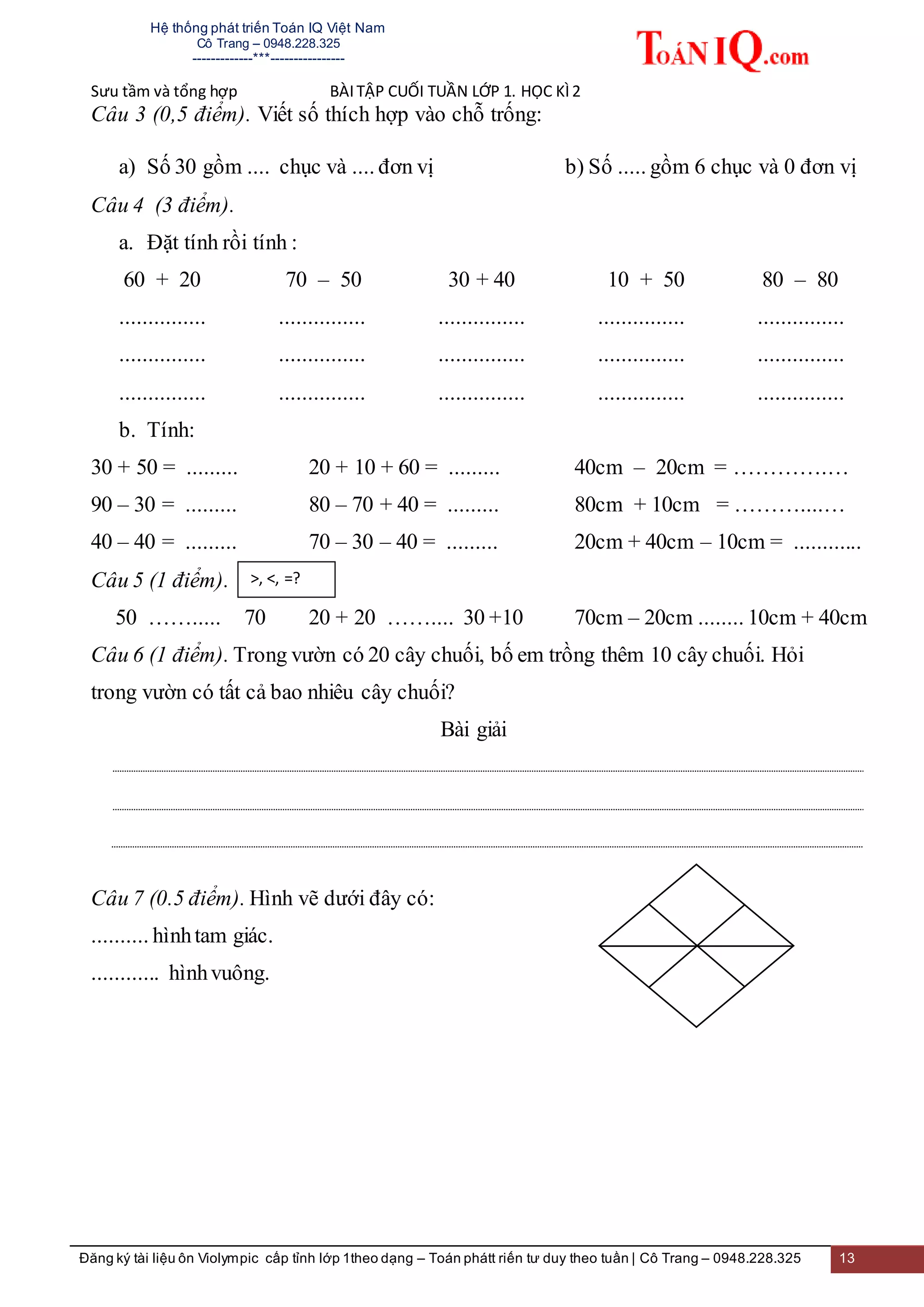 BÀI TẬP CUỐI TUẦN LỚP 1 - HK2 - MÔN TOÁN | DOC