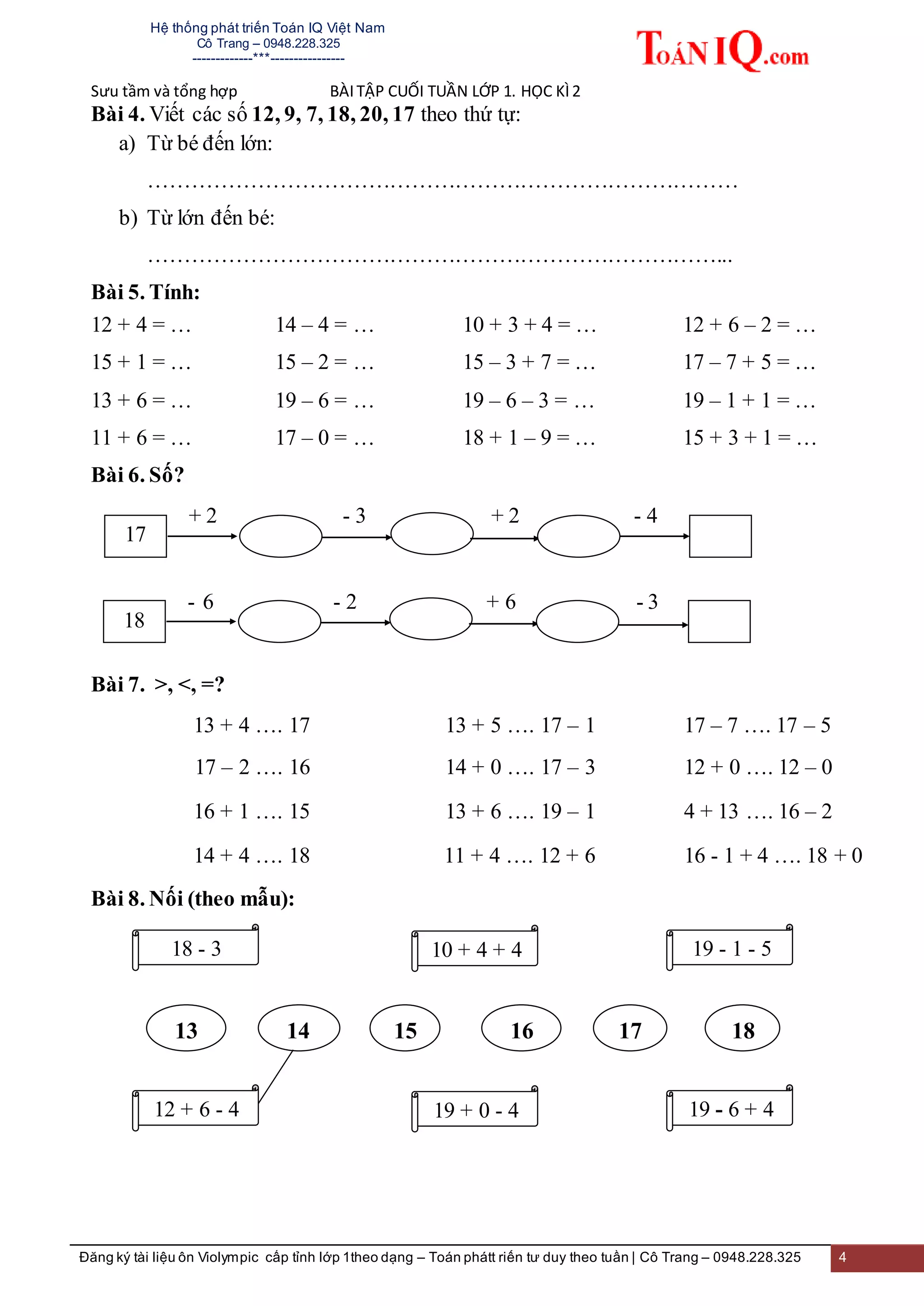 BÀI TẬP CUỐI TUẦN LỚP 1 - HK2 - MÔN TOÁN | DOC