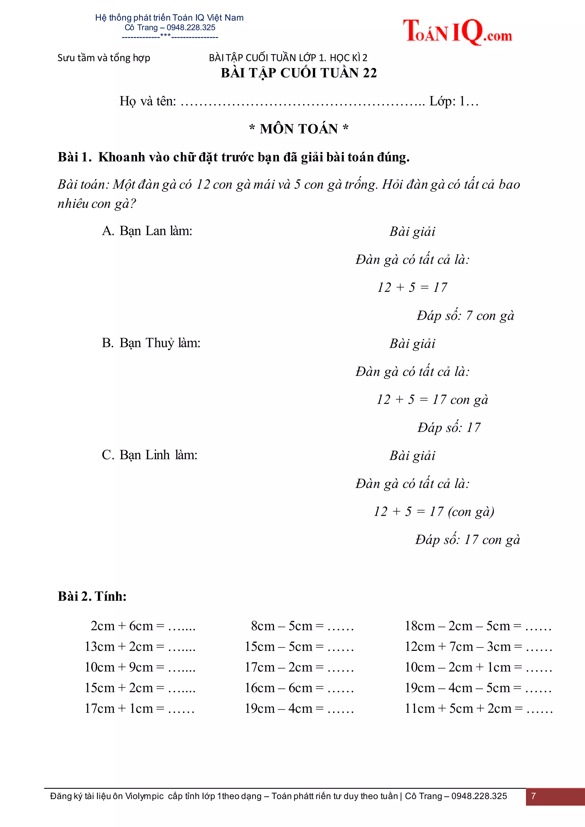 BÀI TẬP CUỐI TUẦN LỚP 1 - HK2 - MÔN TOÁN | DOC