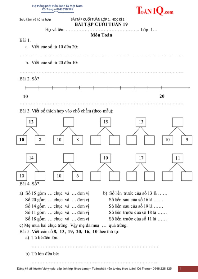 BÀI TẬP CUỐI TUẦN LỚP 1 - HK2 - MÔN TOÁN | DOC