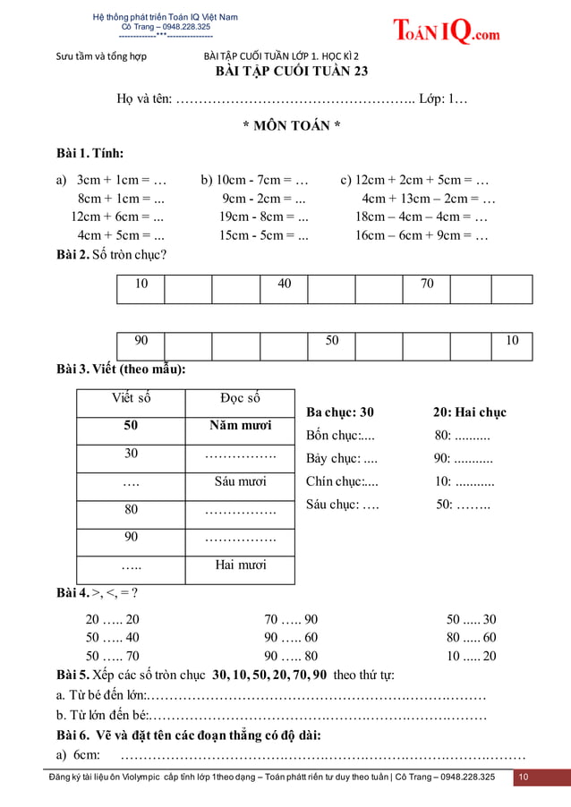 BÀI TẬP CUỐI TUẦN LỚP 1 - HK2 - MÔN TOÁN | DOC