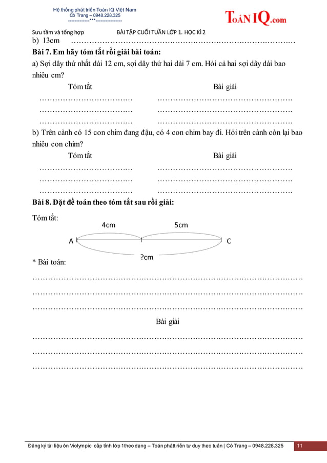 BÀI TẬP CUỐI TUẦN LỚP 1 - HK2 - MÔN TOÁN | DOC