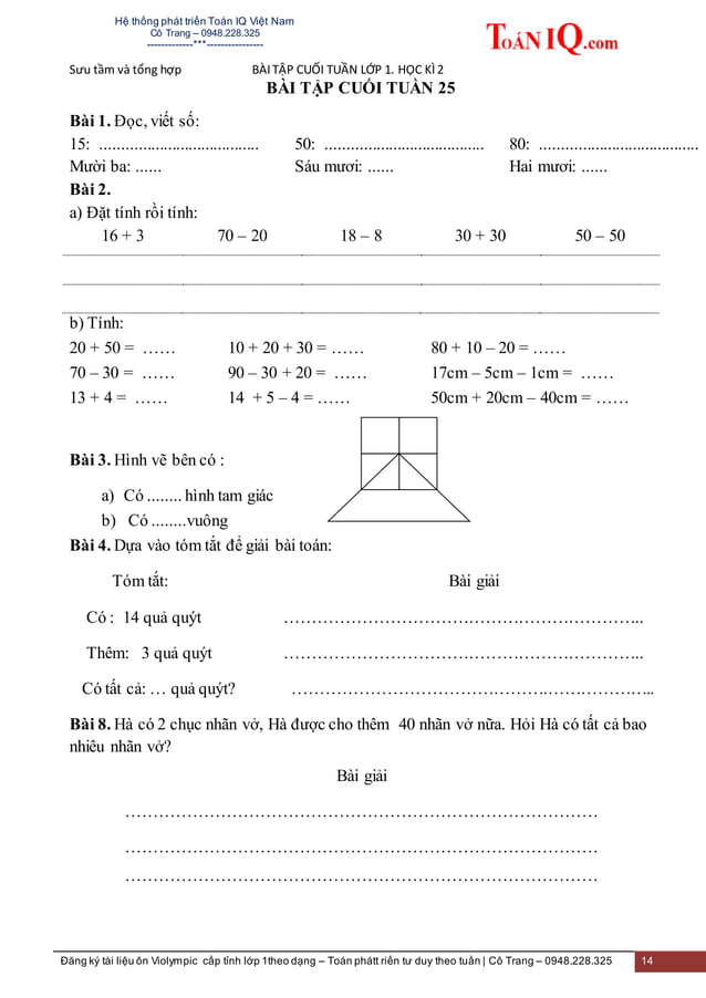 BÀI TẬP CUỐI TUẦN LỚP 1 - HK2 - MÔN TOÁN | DOC