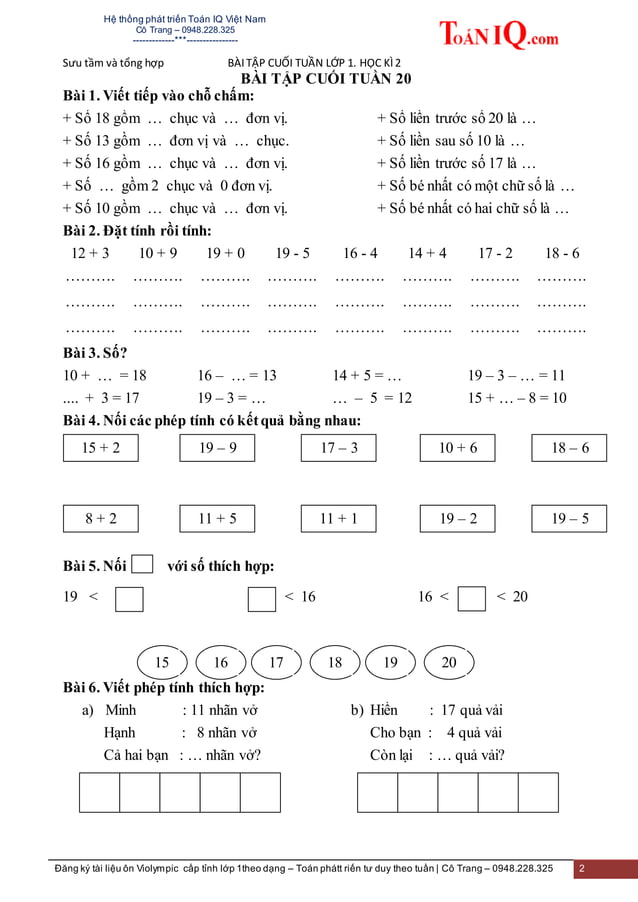 BÀI TẬP CUỐI TUẦN LỚP 1 - HK2 - MÔN TOÁN | DOC