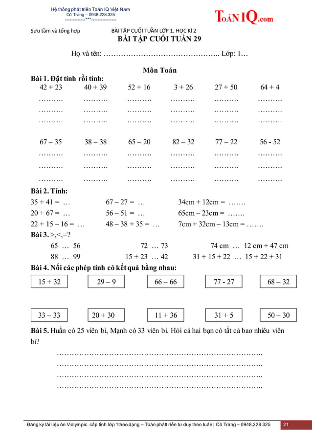 BÀI TẬP CUỐI TUẦN LỚP 1 - HK2 - MÔN TOÁN | DOC